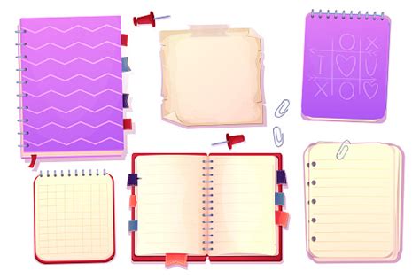 일기 만화 스타일의 평면도로 메모장을 설정하고 흰색 배경에 격리되어 열려 있고 닫힙니다 책갈피와 나선형 일일 플래너가있는 책 벡터 그림 가리기에 대한 스톡 벡터 아트 및
