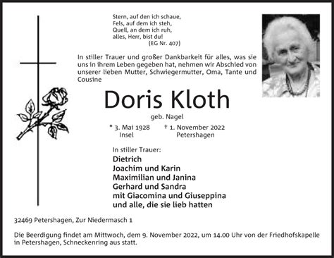 Traueranzeigen Von Doris Kloth Trauermtde
