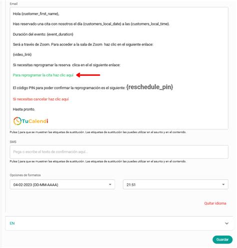 Incluir el enlace de reprogramación en las plantillas de confirmación