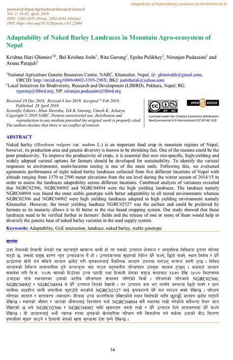 Adaptability Of Naked Barley Landraces In Mountain Agro Ecosystem Of Nepal Himalayan Crops