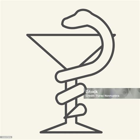 뱀과 유리 얇은 라인 아이콘입니다 흰색 배경에 컵 윤곽 스타일 그림과 의료 기호 뱀 모바일 개념 및 웹 디자인에 대한 약국 및 의학 표지판 벡터 그래픽 가냘픈에 대한 스톡