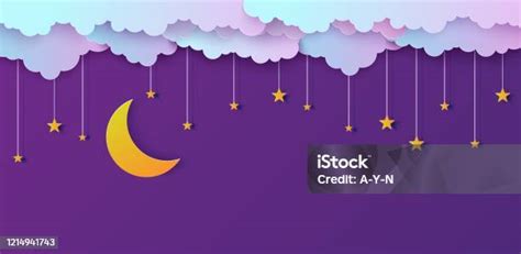 종이 컷 스타일의 밤 하늘 별과 달 종이 컷 예술 보라색과 파란색 그라데이션 흐린 풍경3d 배경을 잘라 귀여운 종이 접기 구름입니다 소원 좋은 밤 달콤한 꿈을위한 벡터