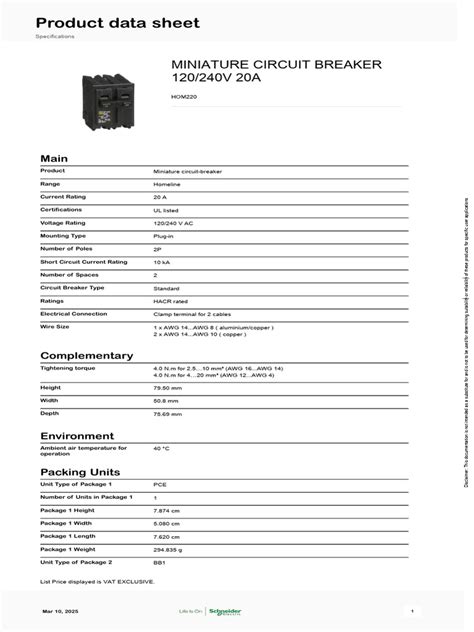 Schneider Electrichomeline Circuit Breakershom220 Pdf Electricity