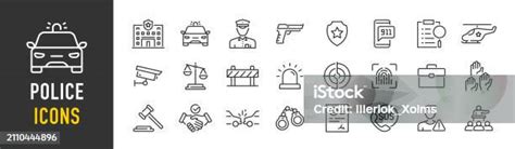 선 스타일의 경찰 웹 아이콘입니다 법 심판 법원 무기 체포 경찰관 사이렌 수집 벡터 일러스트 레이 션입니다 경찰관에 대한 스톡