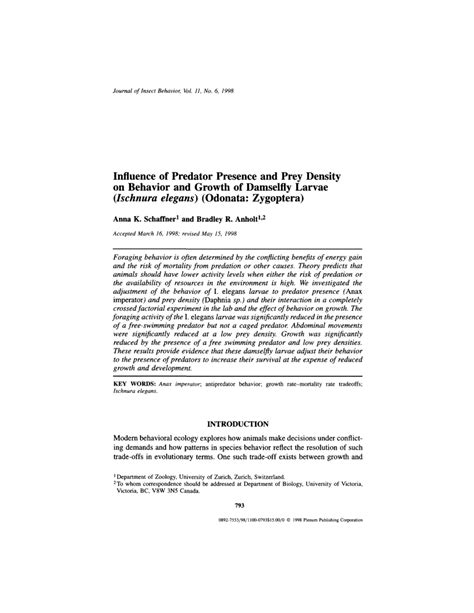 Pdf Influence Of Predator Presence And Prey Density On Behavior And Growth Of Damselfly Larvae
