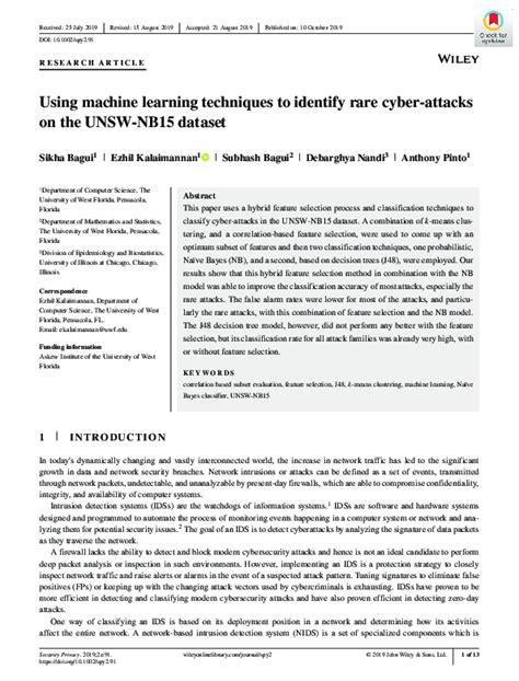 Pdf Using Machine Learning Techniques To Identify Rare Cyber‐attacks On The Unsw‐nb15 Dataset