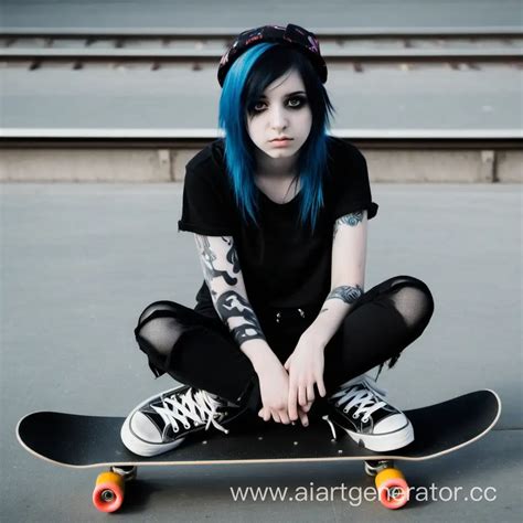 Emo Girl Sitting With Skateboard On Urban Platform Ai Art Generator
