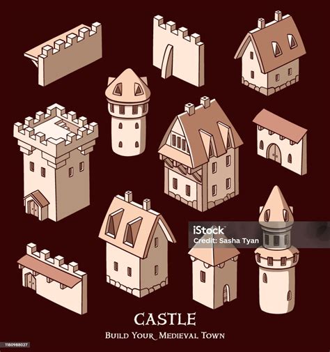 중세 고대 건물 은 다른 종류의 전통 주택 고립 벡터 일러스트레이션세트 등측투영법에 대한 스톡 벡터 아트 및 기타 이미지