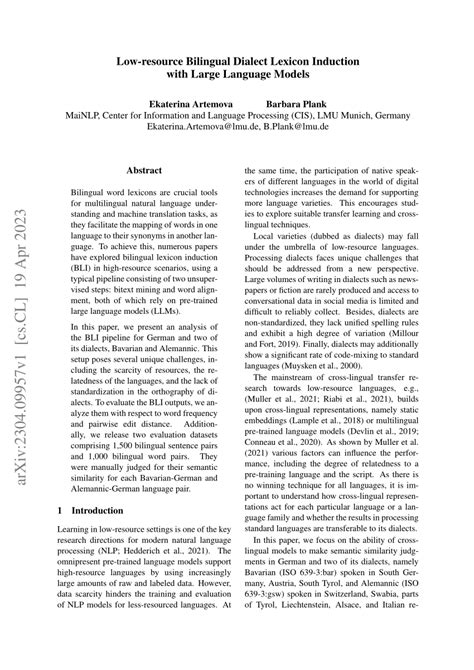 Pdf Low Resource Bilingual Dialect Lexicon Induction With Large