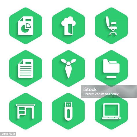 넥타이 Usb 플래시 드라이브 노트북 문서 폴더 사무실 책상 파일 문서 의자 및 그래프 차트 아이콘을 설정합니다 벡터 Usb 케이블에 대한 스톡 벡터 아트 및 기타 이미지