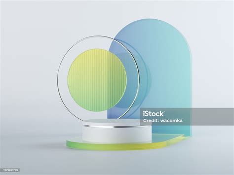 파란색 녹색 반투명 유리 모양의 3d 렌더링 추상적 기하학적 배경 모던 한 미니멀 쇼케이스 모형 빈 받침대 빈 연단 상업용 제품