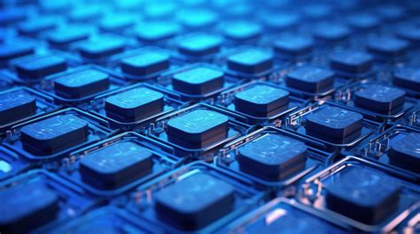 Computer Cpu 3d Rendering Of Blue Key Extreme Closeup Rows Microchip Cpus On Silicone Wafer In
