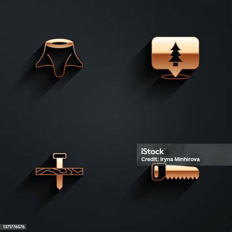 세트 나무 그루터기 숲의 위치 금속 손톱과 손긴 그림자 아이콘을 보았다 벡터 가리키기에 대한 스톡 벡터 아트 및 기타 이미지