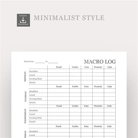 Printable Macro Tracker Minimalist Macro Log Sheet Meal Planner