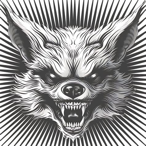 Black And White Illustration Of Bats Face With Sharp Teeth Snarling
