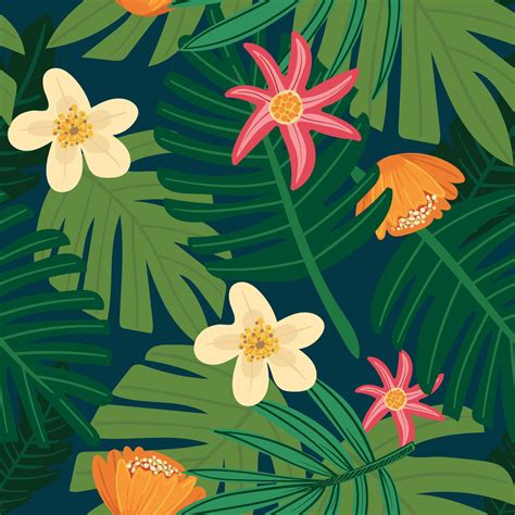 A Lively Endless Print With Hand Painted Tropical Flowers And Leaves
