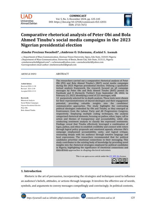 Pdf Comparative Rhetorical Analysis Of Peter Obi And Bola Ahmed