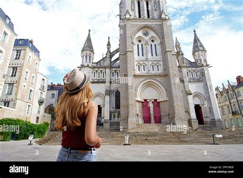Tourism In France Back View Of Beautiful Tourist Girl Visiting The