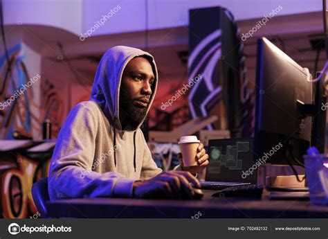 Hacker Drinking Coffee While Doing Criminal Activity Computer Late