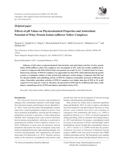 Pdf Effects Of Ph Values On Physicochemical Properties And Antioxidant Potential Of Whey