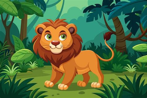 A Cartoon Lion Curiously Roaming Through Vibrant Jungle Foliage Under