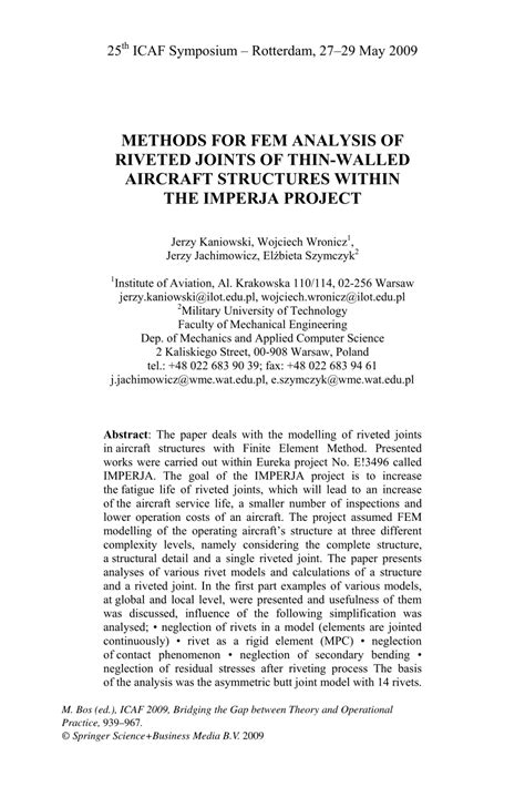 Pdf Methods For Fem Analysis Of Riveted Joints Of Thin Walled Aircraft Structures Within The