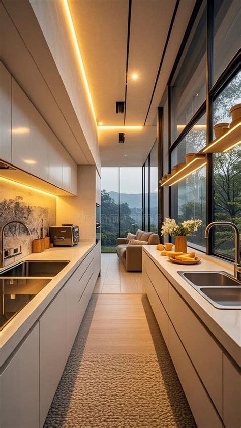 Modern Kitchen With Horizontal Layout Simple Design Smart Devices And Bright Colors Stock