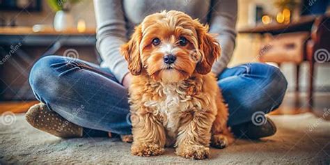 Sweet Sixmonthold Cavapoo Puppy Posing With Owner Adorable Small Dog