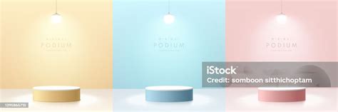 분홍색 노란색 파란색 및 흰색 현실적인 3d 실린더 받침대 연단과 빛나는 교수형 공 네온 램프 세트 쇼케이스 프로모션 디스플레이를위한 모형 제품 무대를위한 추상적 인 최소