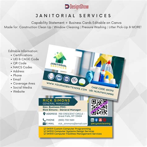Janitorial Services Capability Statement And Business Card Editable Ver