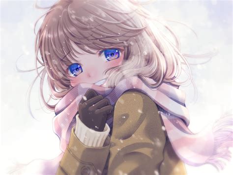 Safebooru 1girl Blue Eyes Blush Breath Brown Hair Coat Commentary