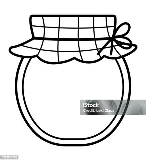 흰색 배경에 격리 된 벡터 흑백 꿀 항아리 라인 아이콘 귀여운 시골 유리 냄비는 파란색 체크 천으로 묶여 있습니다 양봉 팜