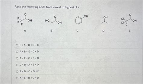Solved Rank The Following Acids From Lowest To Highest Pka