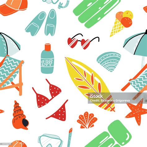 벽지 범위 섬유 직물 및 기타 인쇄 및 디자인에 대한 여름과 해변 분위기 벡터 원활한 패턴 다양한 휴가 속성 평면 고립 된 그림 보호 마스크에 대한 스톡 벡터 아트 및 기타
