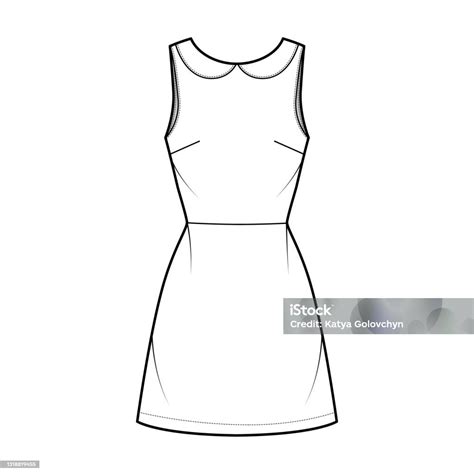 드레스 A 라인 테크니컬 패션 일러스트와 민소매 피터 팬 칼라 몸에 핏 무릎 위 길이 스커트 0명에 대한 스톡 벡터 아트 및 기타 이미지 Istock