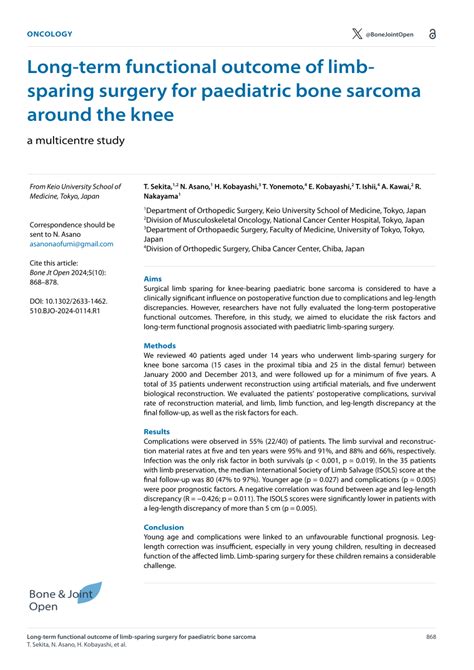 Pdf Long Term Functional Outcome Of Limb Sparing Surgery For Paediatric Bone Sarcoma Around