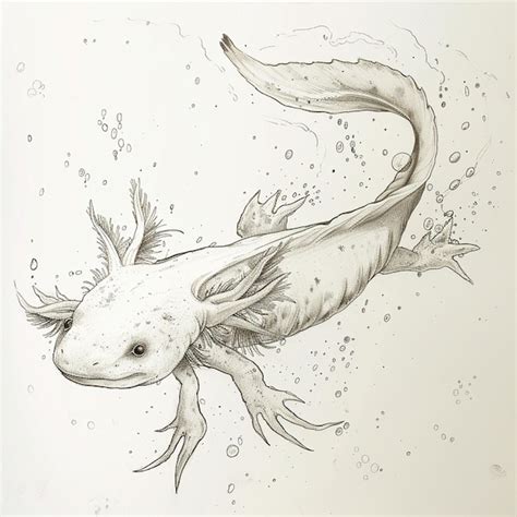 Mysterious Axolotl Isolated Pencil Drawing On White Paper Artwork