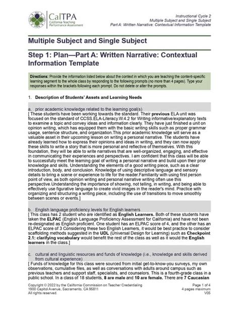 Caltpa Cycle 2 Literacy Multiple Subjects Example By Literacyandbeyond