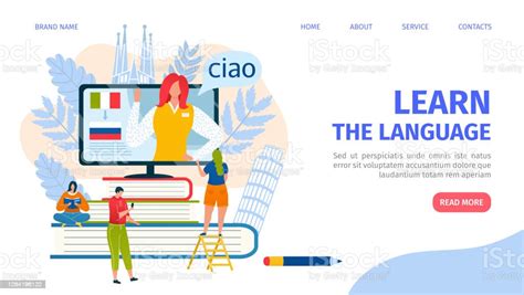 거리 교육 온라인 과정 E러닝 튜토리얼 벡터 일러스트레이션을 위한 언어 방문 웹 페이지 디자인 템플릿을 알아보십시오 개념에 대한 스톡 벡터 아트 및 기타 이미지 Istock