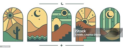 사막의 산과 선인장이 있는 Boho 로고 보헤미안 벡터 최소 그림입니다 자연 풍경과 함께 추상적 인 창문 오아시스 언덕 강 일몰이 있는 아치 세트 미적 요소 계곡에 대한