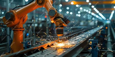 Automated Welding Process In A Factory With Robot Arm Concept Robotic Welding Factory Automation