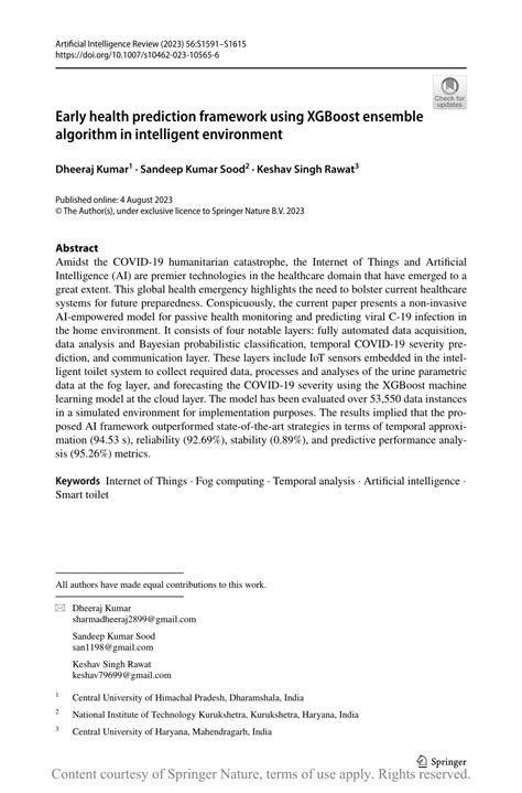 Early Health Prediction Framework Using Xgboost Ensemble Algorithm In Intelligent Environment