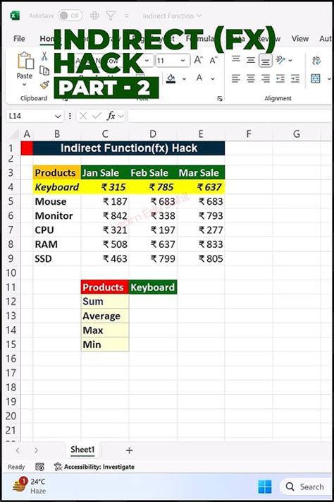 indirect function fx hack 📊🔥🚀 excelhacks exceltips excelshorts
