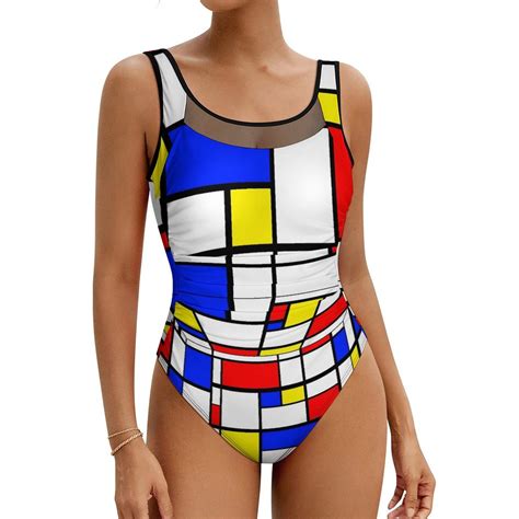 De Stijl Print Swimsuit Mondrian Inspired One Piece Swimwear Push Up