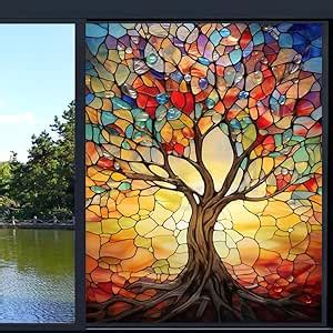 Colourful Trees Frosted Stained Glass Window Film Rustic