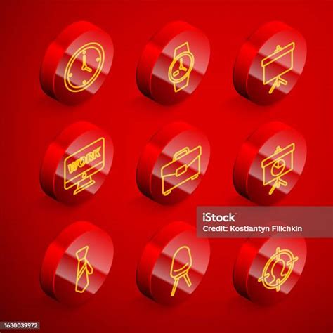 라인 시계 손목 시계 다이어그램이 있는 칠판 모니터 텍스트 작업 서류 가방 넥타이 및 사무실 의자 아이콘을 설정합니다 벡터 3차원 형태에 대한 스톡 벡터 아트 및 기타