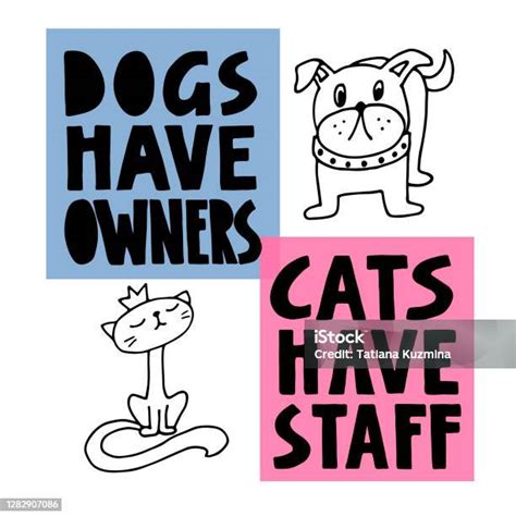레터링 개는 주인이 고양이는 직원이있다 블루 핑크 배경에 낙서 스타일에 고양이와 개 포스터 스티커 엽서에 대한 고양이 애호가를