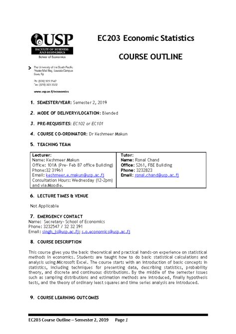 Ec203 S2 2019 Course Outline Blended Ec203 Economic Statistics