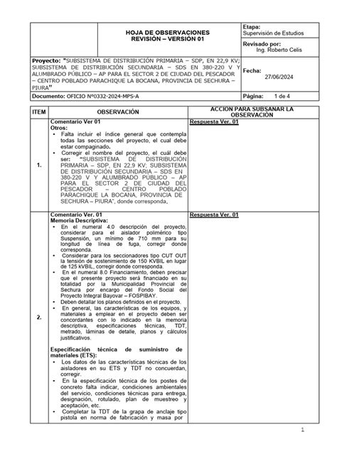 Hoja De Observaciones 1ra Revision Sdp Ciudad Pescador Pdf