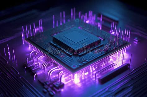 Highly Advanced Microchip Processor With A Series Of Blue And Purple Lights Illuminating Its